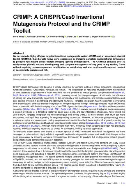 Pdf Crimp A Crisprcas9 Insertional Mutagenesis Protocol And The