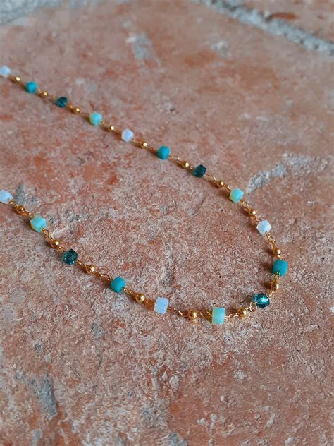 Glass Beaded Choker Necklace Bohemian Blue Cube Beads Choker Copper