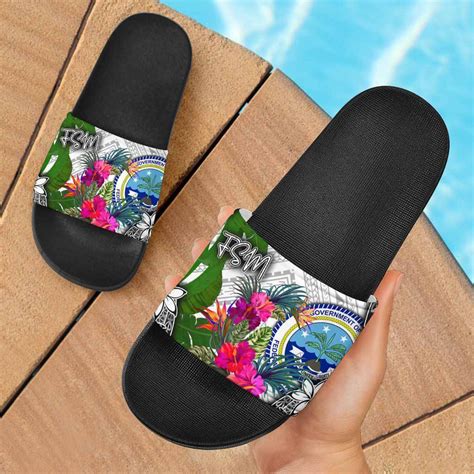 Federated States Of Micronesia Slide Sandals Turtle Plumeria Banana Leaf