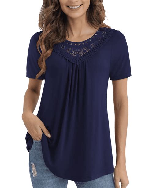 Folunsi Womens Plus Size Summer Tops Short Sleeve Lace Pleated Blouses