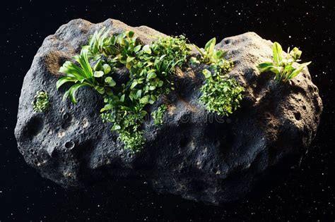 Rocky Asteroid With Vibrant Plant Life Thriving In Outer Space