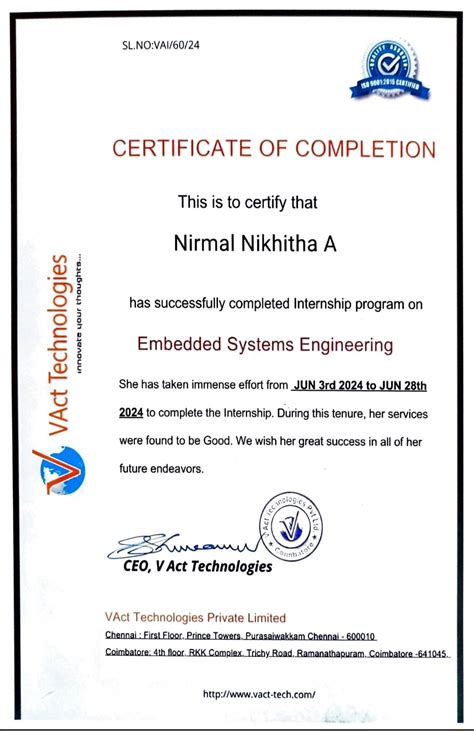 Nirmal Nikhitha A On Linkedin Embeddedsystems Internship Vacttechnologies Gratitude