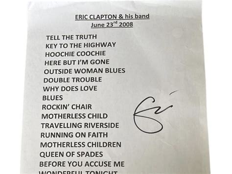 Eric Clapton Signed Setlist Charitystars
