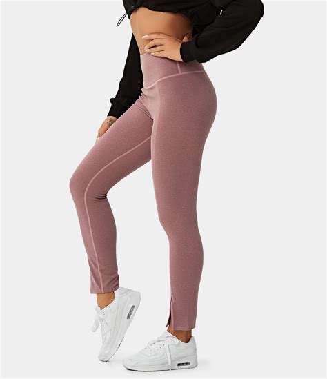 Womens High Waisted Side Pocket Split Hem Plain Full Length Leggings