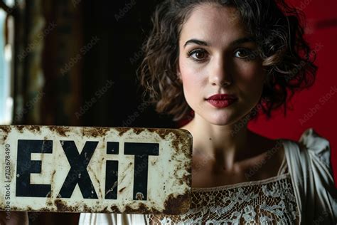 Exit Concept Image With Sad Depressed Woman Holding An Exit Sign To