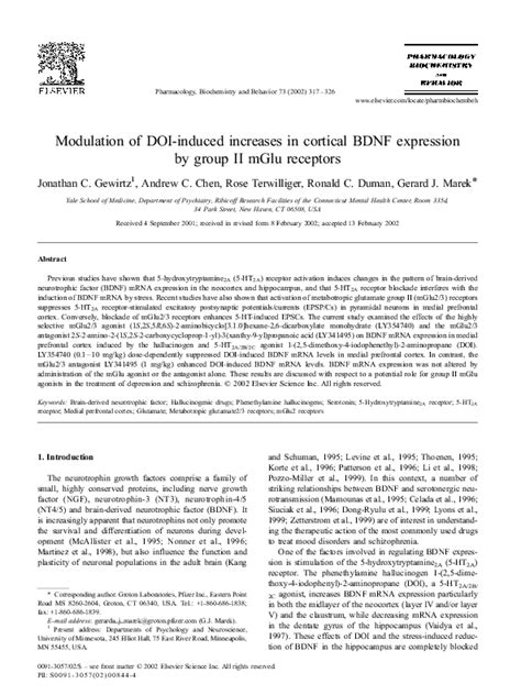 Pdf Modulation Of Doi Induced Increases In Cortical Bdnf Expression By Group Ii Mglu Receptors