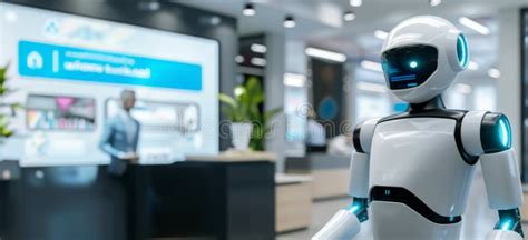 A Humanoid Ai Robot In A Modern Office Lobby With Digital Displays Stock Illustration