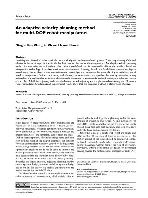 Pdf An Adaptive Velocity Planning Method For Multi Dof Robot Manipulators