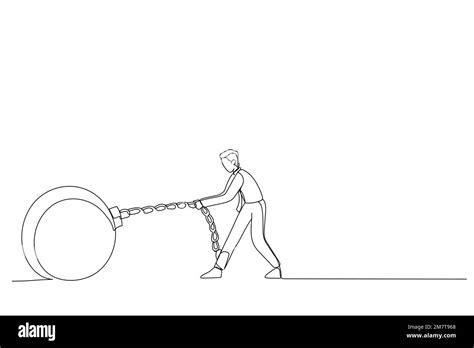 Drawing Of Businessman Pulling Hard Big Iron Ball Chained To His Leg