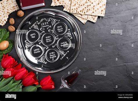 Flat Lay Composition With Passover Seder Plate Keara On Black Table Space For Text Pesah