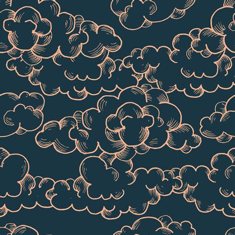Seamless Vector Pattern With An Engraved Drawing Of Clouds Pink Lines