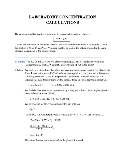 Laboratory Concentration Calculations Solution Concentration