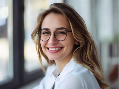 A Smiling Woman Wearing Glasses Premium Ai Generated Image