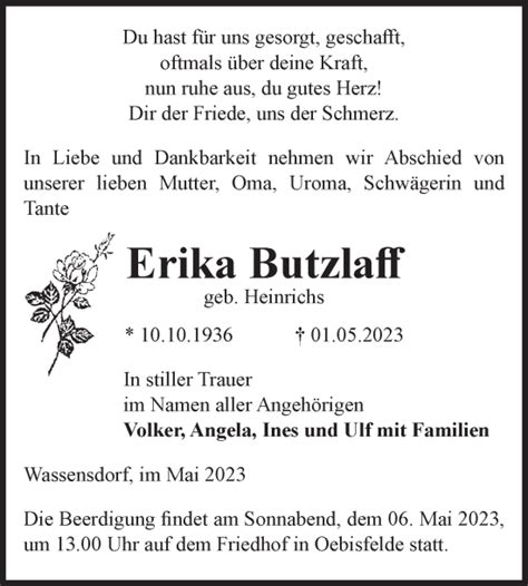 Traueranzeigen Von Erika Butzlaff Abschied Nehmen De