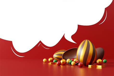 빨간 배경에 초콜릿 부활절 달걀 인사말 카드 포스터 및 배너 템플릿 맨 위 보기입니다 플랫 레이 텍스트 공간을 사용할 수 있습니다 3d 일러스트레이션 3차원 형태에 대한