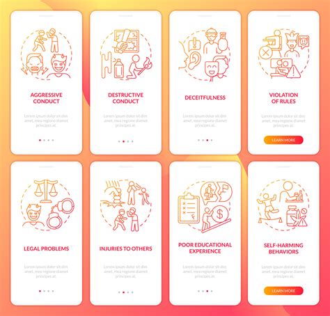 Conduct Disorder Red Gradient Onboarding Mobile App Screen Set Walkthrough 4 Steps Graphic