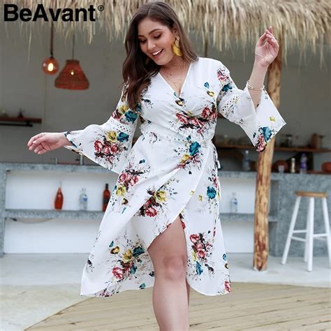 Beavant Bohemian Floral Print Womem Plus Size Dress V Neck Sash Wrap