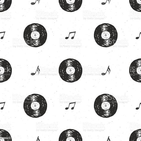 비닐 레코드 빈티지 원활한 패턴 손으로 그려진된 라벨 스케치 그런 지 질감 복고풍 배지 타이 포 그래피 디자인 T셔츠 인쇄 벡터 일러스트 레이 션 Dj에 대한 스톡 벡터