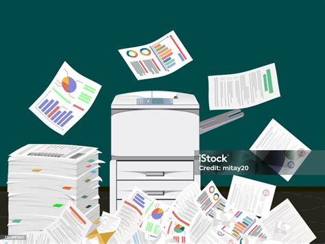 사무실 다기능 기계 종이 문서 더미 서류 사무실에서 혼란 프린터 복사 스캐너 장치입니다 Proffesional 인쇄 스테이션 플랫 스타일의 일러스트레이션 0명에 대한 스톡