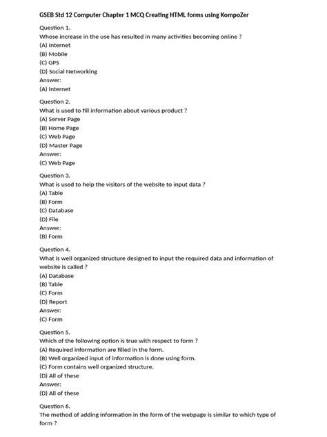 Gseb Std 12 Computer Chapter 1 Mcq Creating Html Forms Using Kompozer