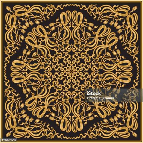 백합 꽃이있는 아르누보 황금 두루마리 검은 색 배경에 금색 꽃 테두리 프리즈 및 로제트 스카프 반다나 프린트 스퀘어 포켓 레인지 카펫 중세에 대한 스톡 벡터 아트 및 기타