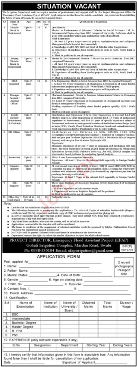Situations Vacant At Irrigation Department Kpk 2025 Job Advertisement