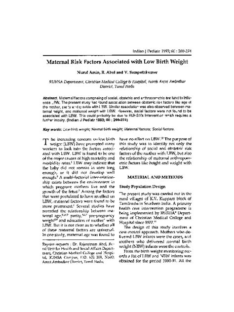 Pdf Maternal Risk Factors Associated With Low Birth Weight