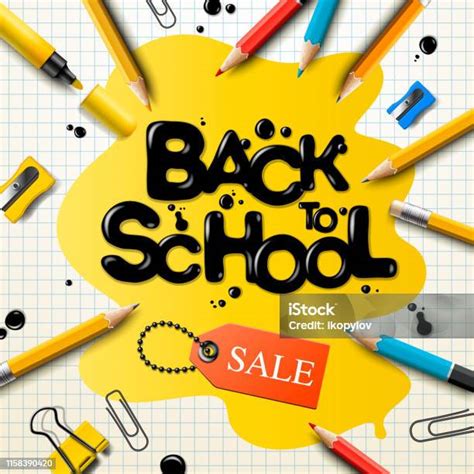 연필과 타이포그래피 문자가 있는 학교 세일 디자인으로 돌아갑니다 포스터 웹 표지 광고 인사말 카드 소셜 미디어 홍보를위한 벡터 학교 삽화 신학기에 대한 스톡 벡터 아트 및