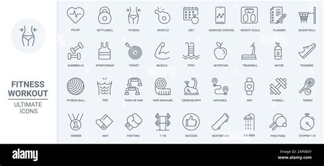 Fitness Sport Workout In Gym Thin Line Icons Set Vector Illustration Outline Kettlebell And