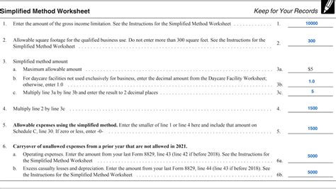 Simplified Method Worksheet For Determining Business Use Of Your Home