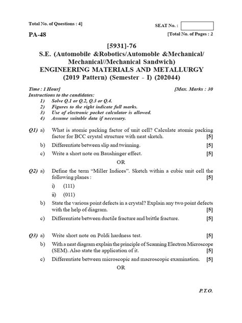 engineering materials and metallurgy exam pdf crystal structure