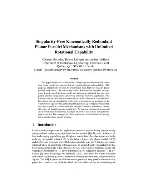 pdf singularity free kinematically redundant planar parallel