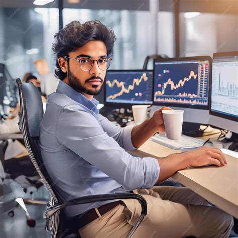 a man sits at a computer with a graph graph on the top of it premium