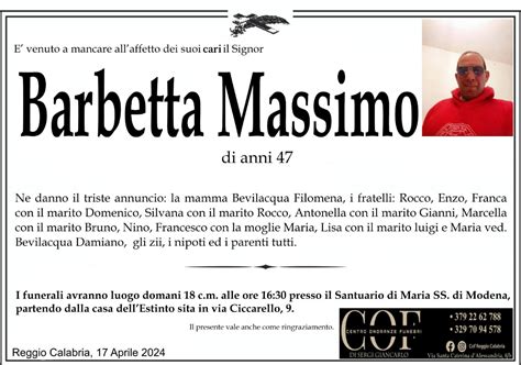 Esequie Massimo Barbetta Necrologi Calabria