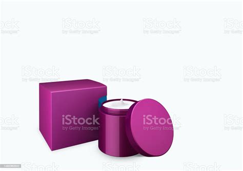 빈 깊은 라일락 진주층 화장품 항아리는 흰색 배경에 정면 시야각에 얼룩 크림이 있는 조롱 3d 그림 공란에 대한 스톡 사진 및 기타 이미지 Istock