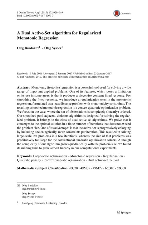 Pdf A Dual Active Set Algorithm For Regularized Monotonic Regression