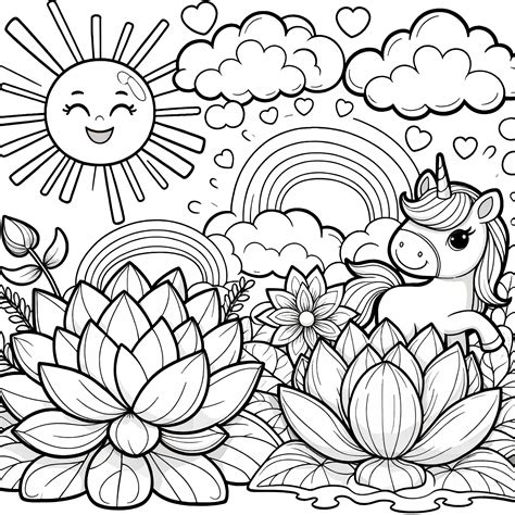Lotus Flowers Unicorn Sun With Rainbow And Clouds Coloring Picture