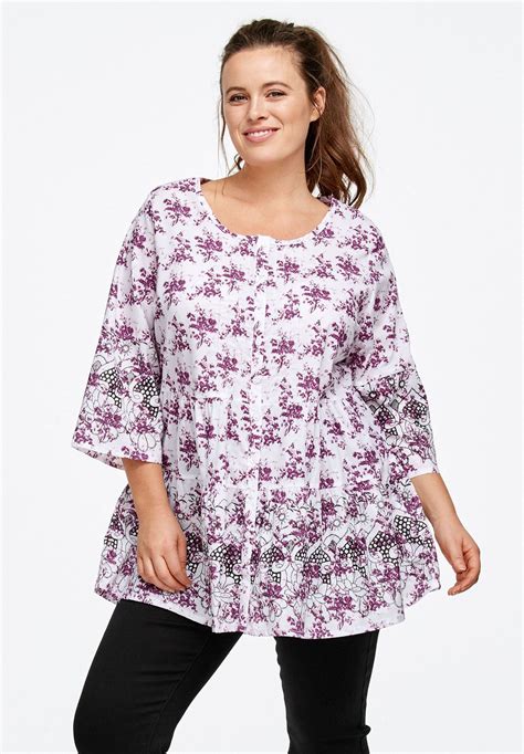 Tiered Floral 3 4 Sleeve Tunic By Ellos® Ladies Tops Fashion Plus