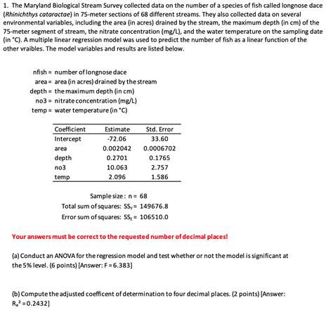Solved 1 The Maryland Biological Stream Survey Collected