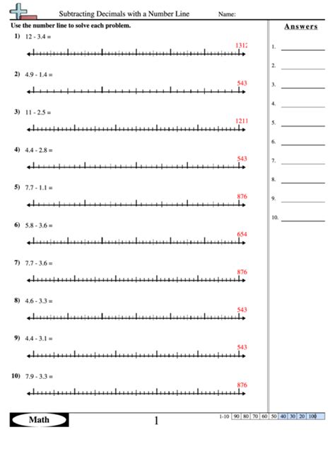 Subtracting Decimals With A Number Line Subtraction Worksheet With Answers Printable Pdf Download