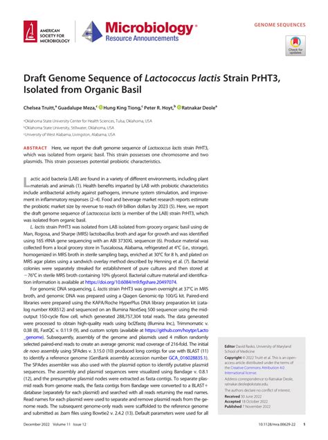 Pdf Draft Genome Sequence Of Lactococcus Lactis Strain Prht3 Isolated From Organic Basil