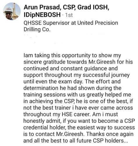 Gireesh Suresh Csp Crsp Cmiosh On Linkedin Csp Feedback
