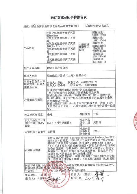 福迪威医疗器械（上海）有限公司对过氧化氢低温等离子灭菌器sterilizer、过氧化氢低温等离子灭菌系统sterilizer主动召回（沪药监械