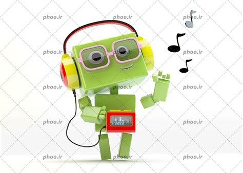عکس با کیفیت ربات سبز با هدفون متصل به ضبط صوت در حال گوش دادن به موسیقی عکس با کیفیت و تصاویر