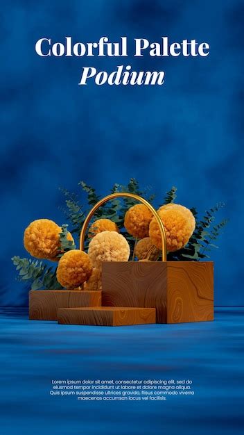 Кубический деревянный подиум в портрете желтая мимоза и лист эвкалипта 3d изображение рендеринг