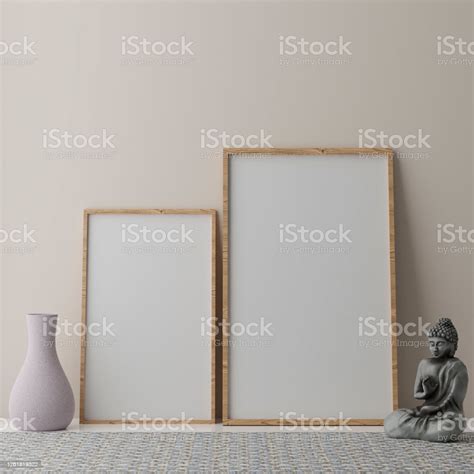 두 개의 수직 흰색 프레임 모의 베이지 색 벽에 흰색 프레임 3d 일러스트 0명에 대한 스톡 사진 및 기타 이미지 0명 거실 건축 Istock