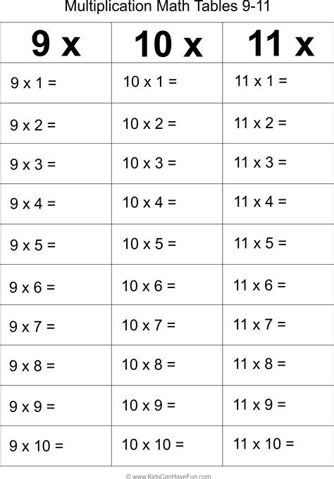 9X Table Worksheet Free Printable