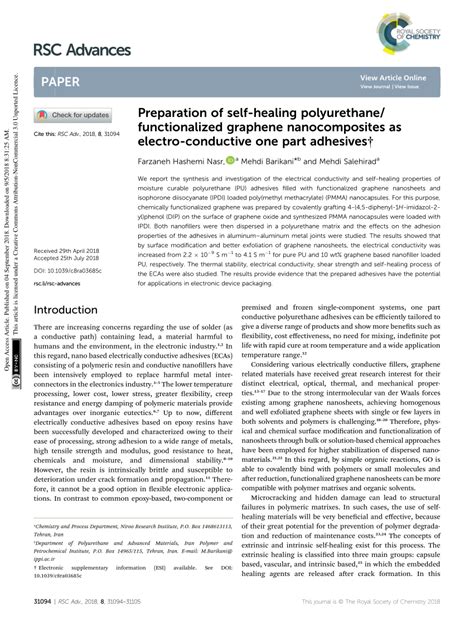 Pdf Preparation Of Self Healing Polyurethanefunctionalized Graphene Nanocomposites As Electro