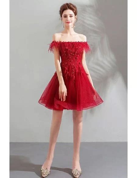 Pretty Red Beaded Off Shoulder Short Poofy Prom Dress Lace Up Wholesale