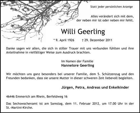 Traueranzeigen Von Willi Geerling Trauer In Nrw De